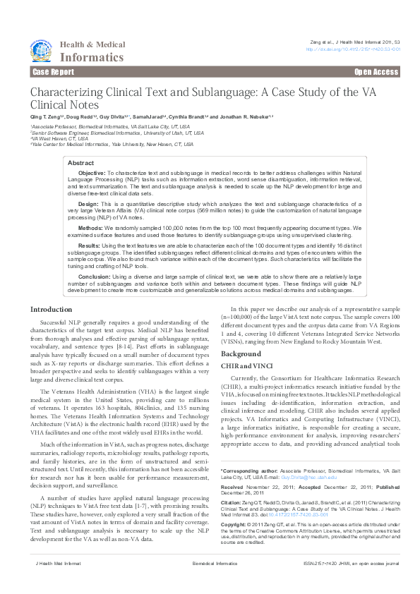 (PDF) Characterizing Clinical Text and Sublanguage: A Case Study of the ...