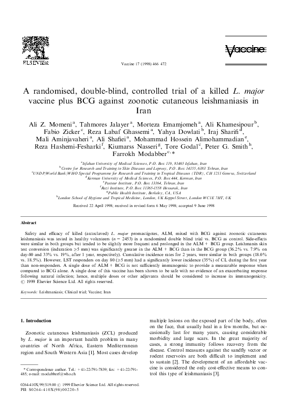 (PDF) A randomised, double-blind, controlled trial of a killed L. major ...