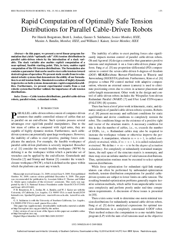 Pdf Rapid Computation Of Optimally Safe Tension Distributions For Parallel Cable Driven Robots