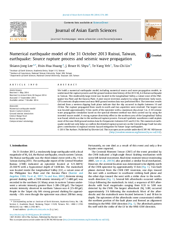 (PDF) Numerical earthquake model of the 31 October 2013 Ruisui, Taiwan, earthquake: Source ...