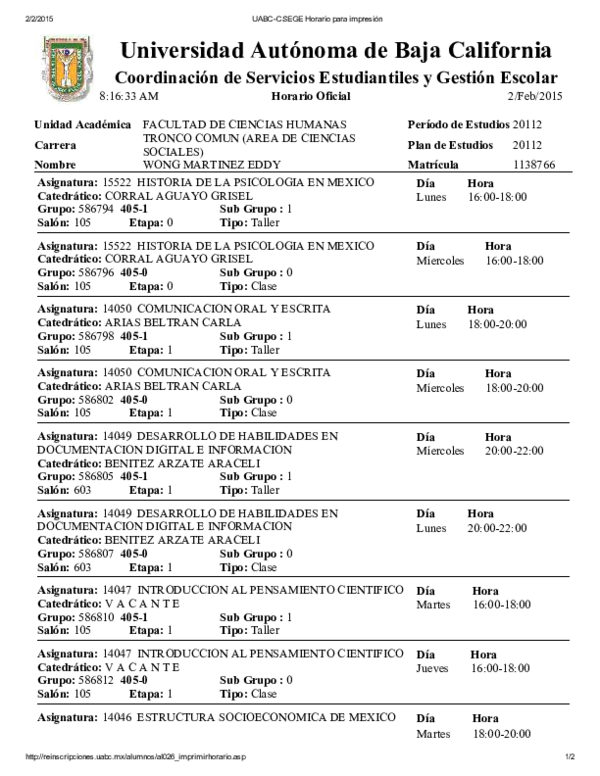 (PDF) UABC CSEGE Horario para impresion | Wong Eddy - Academia.edu