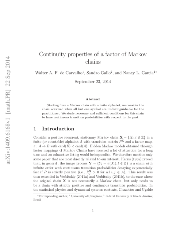 Pdf Continuity Properties Of A Factor Of Markov Chains