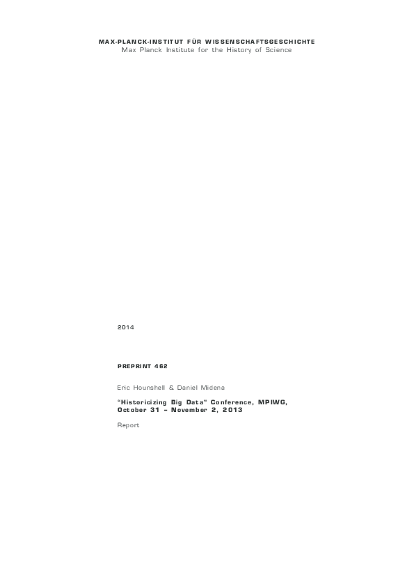 (PDF) 'Historicizing Big Data' Conference, Max Planck Institute for the ...
