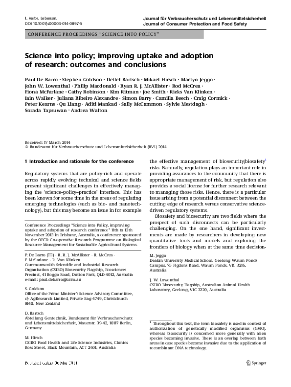 (PDF) Science into policy; improving uptake and adoption of research ...