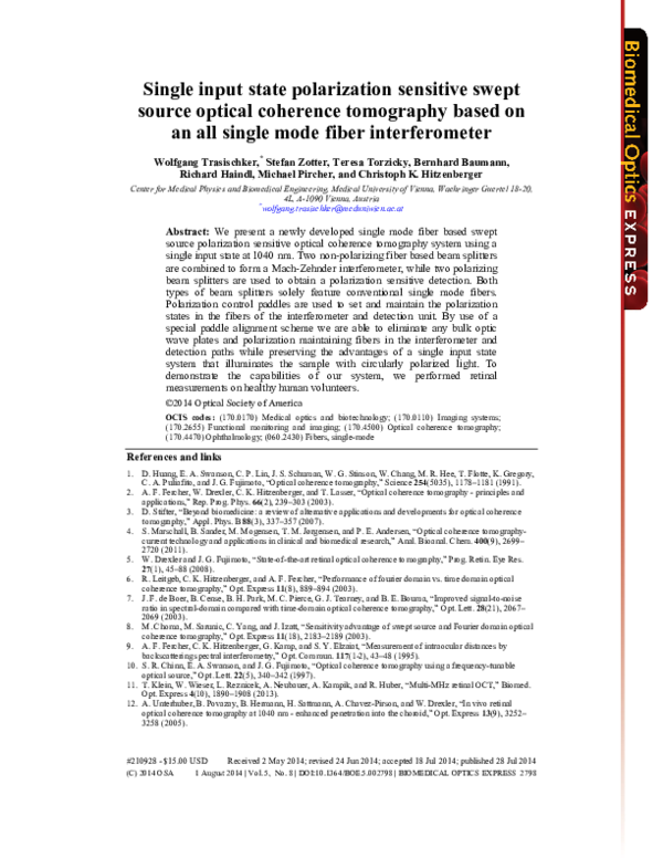 Pdf Single Input State Polarization Sensitive Swept Source Optical