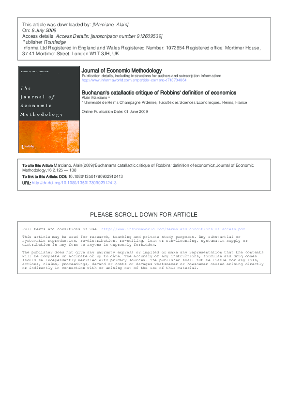 (PDF) Buchanan's catallactic critique of Robbins' definition of economics