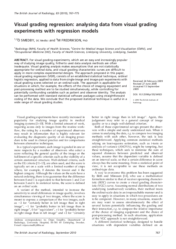 Pdf Visual Grading Regression Analysing Data From Visual Grading Experiments With Regression