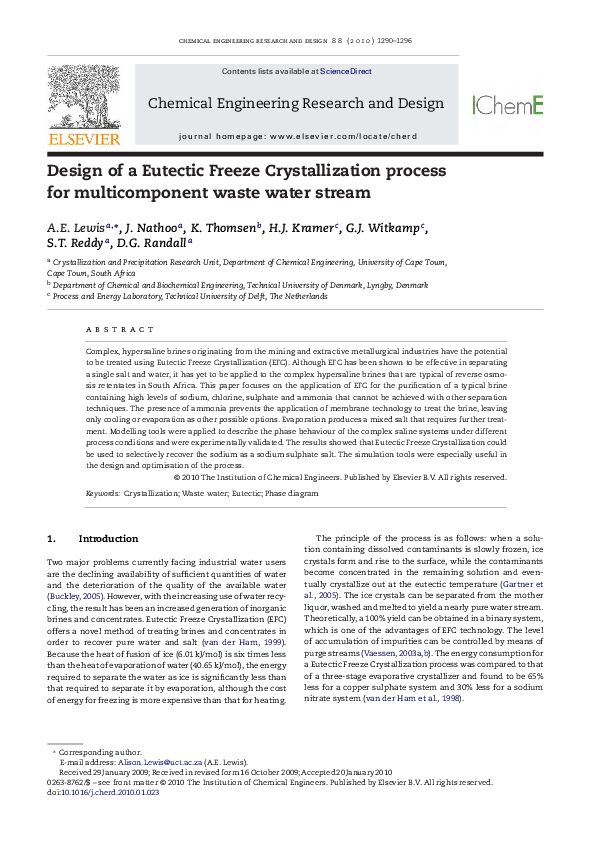 (PDF) Design of a Eutectic Freeze Crystallization process for ...