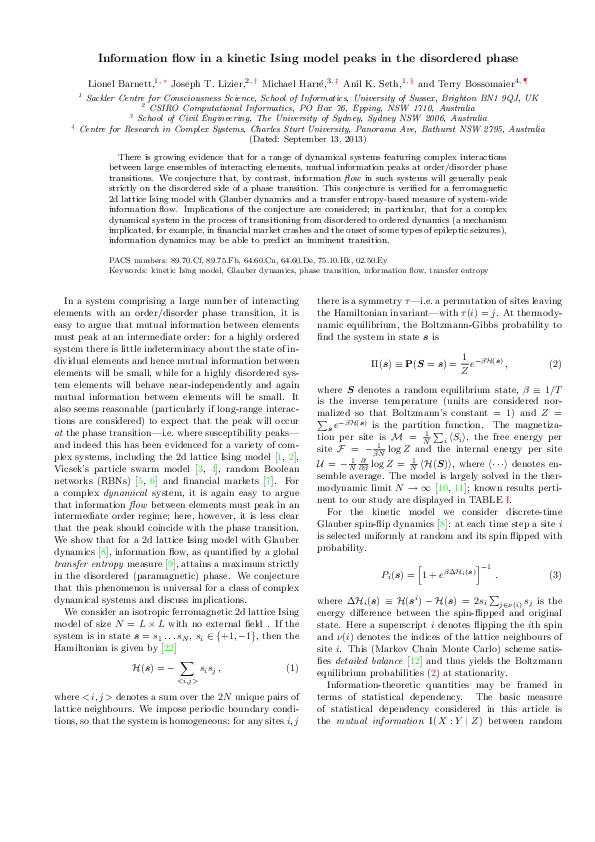 (PDF) Information Flow in a Kinetic Ising Model Peaks in the Disordered Phase