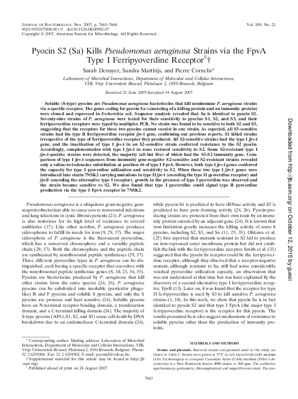 (PDF) Pyocin S2 (Sa) Kills Pseudomonas aeruginosa Strains via the FpvA ...