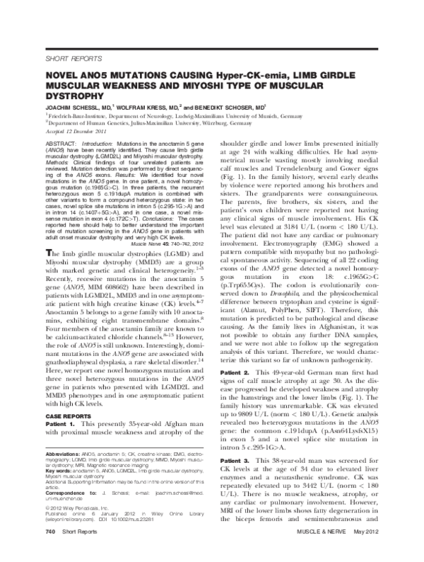 (PDF) Novel ANO5 mutations causing hyper-CK-emia, limb girdle muscular ...