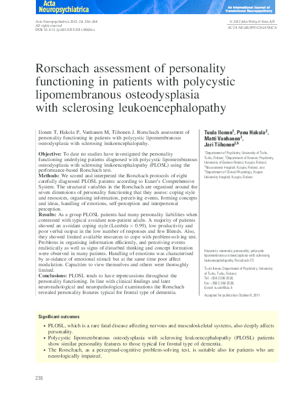 (PDF) Rorschach assessment of personality functioning in patients with ...