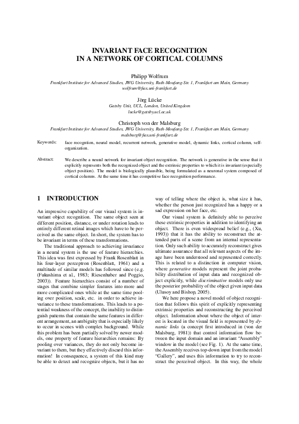 (PDF) Invariant face recognition in a network of cortical columns