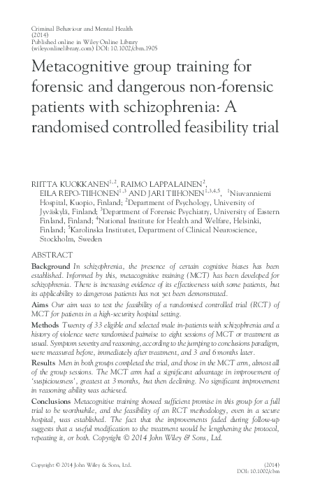 Pdf Metacognitive Group Training For Forensic And Dangerous Non