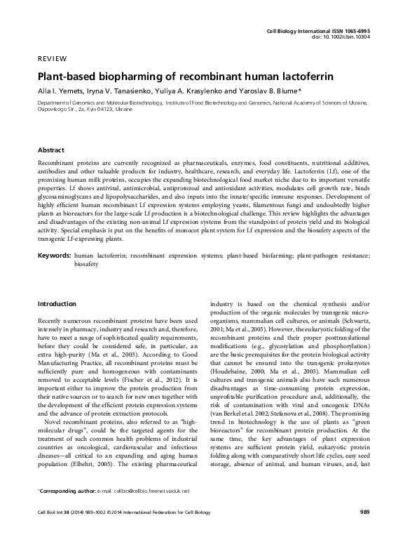 (PDF) Plant-based biopharming of recombinant human lactoferrin