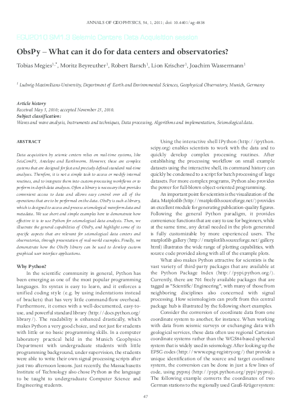 Pdf Obspy A Python Toolbox For Seismologists Seismological