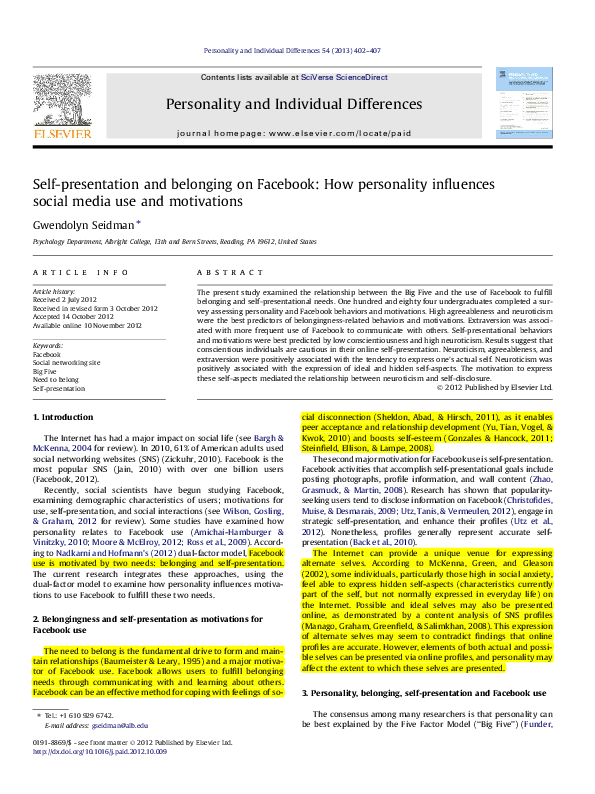 (PDF) Self-presentation and belonging on Facebook: How personality ...
