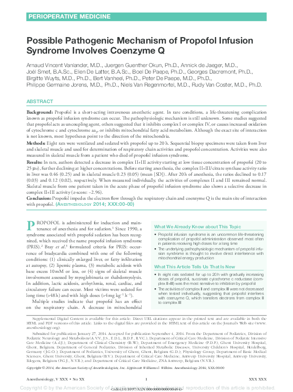 (PDF) Possible Pathogenic Mechanism of Propofol Infusion Syndrome ...