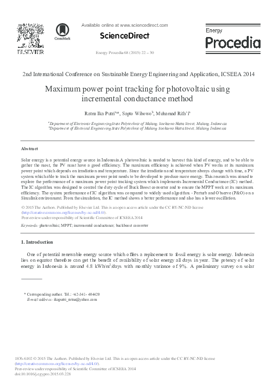 Pdf Maximum Power Point Tracking For Photovoltaic Using Incremental Conductance Method