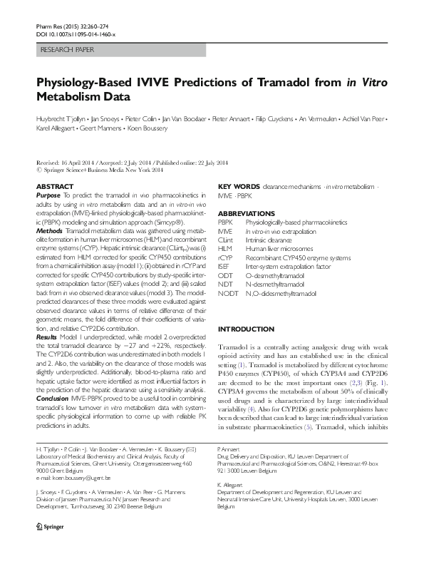 (PDF) Physiology-Based IVIVE Predictions of Tramadol from in Vitro ...