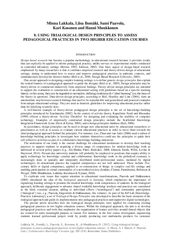 (PDF) Using Trialogical Design Principles to Assess Pedagogical Practices in Two Higher ...