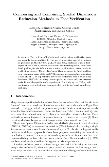 (PDF) Comparing and Combining Spatial Dimension Reduction Methods in Face Verification