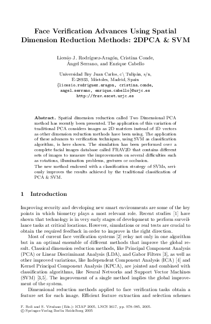 (PDF) Face Verification Advances Using Spatial Dimension Reduction Methods: 2DPCA & SVM