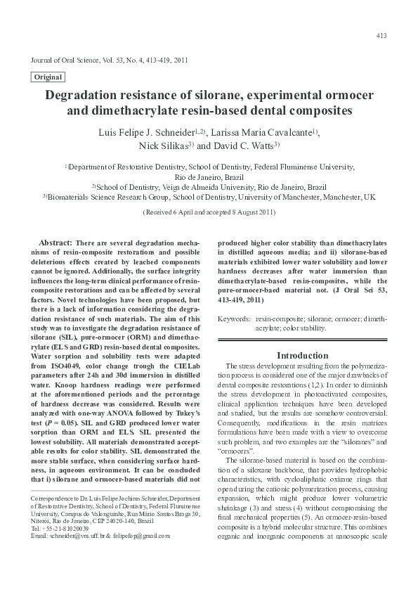 (PDF) Degradation resistance of silorane, experimental ormocer and ...