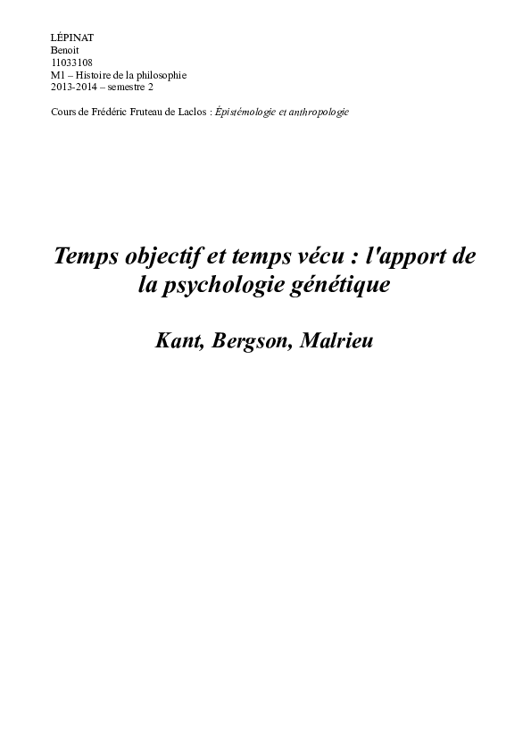 (PDF) Temps objectif et temps vécu : l'apport de la psychologie génétique (Kant, Bergson, Malrieu)
