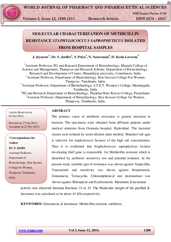 (PDF) MOLECULAR CHARACTERIZATION OF METHICILLIN RESISTANCE STAPHYLOCOCCUS SAPROPHYTICUS ISOLATED ...