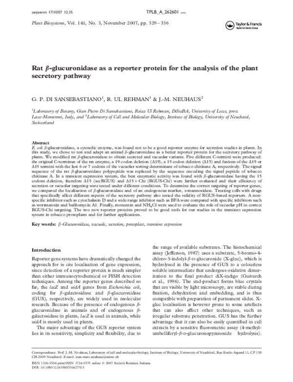 Pdf Rat β Glucuronidase As A Reporter Protein For The Analysis Of The Plant Secretory Pathway