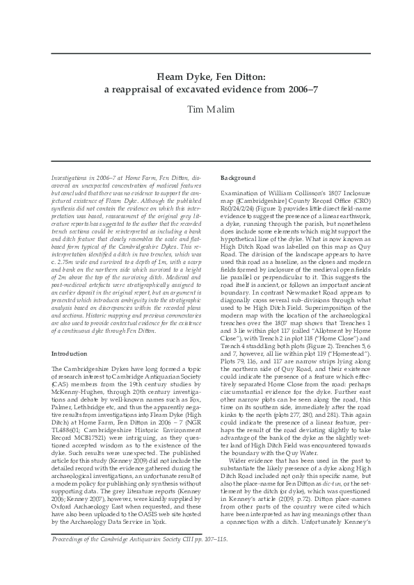 (PDF) Fleam Dyke, Fen Ditton: a reappraisal of excavated evidence from ...