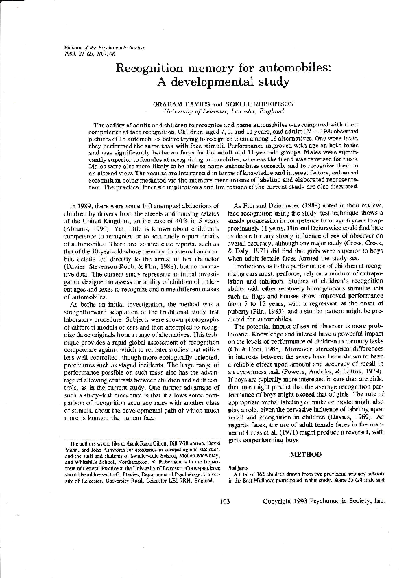 (PDF) Recognition memory for automobiles: A developmental study