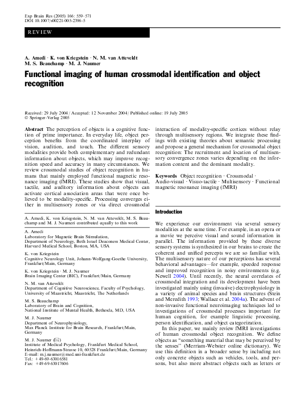Pdf Functional Imaging Of Human Crossmodal Identification And Object Recognition
