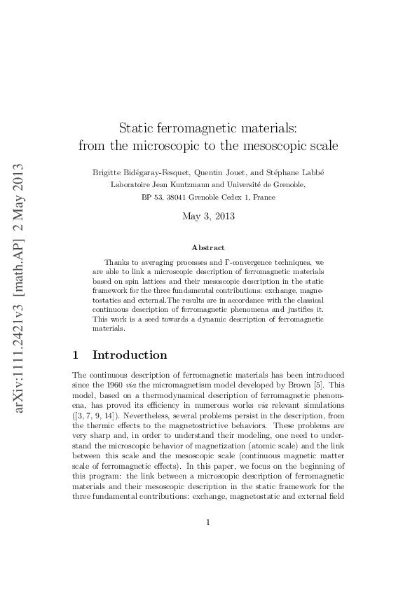 (PDF) Static ferromagnetic materials: from the microscopic to the ...