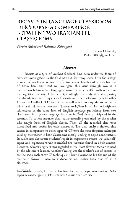 (PDF) Recasts in Interactional Classroom Discourse: A Comparison between Two Communication-Based ...