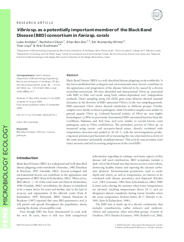 (PDF) Vibrio sp. as a potentially important member of the Black Band ...