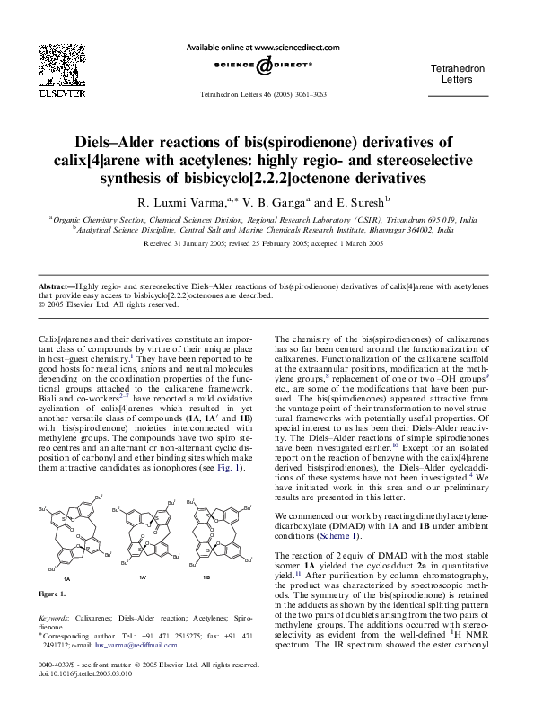 (PDF) Diels–Alder reactions of bis(spirodienone) derivatives of calix[4 ... (PDF) Diels–Alder reactions of bis(spirodienone) derivatives of calix[4 ...