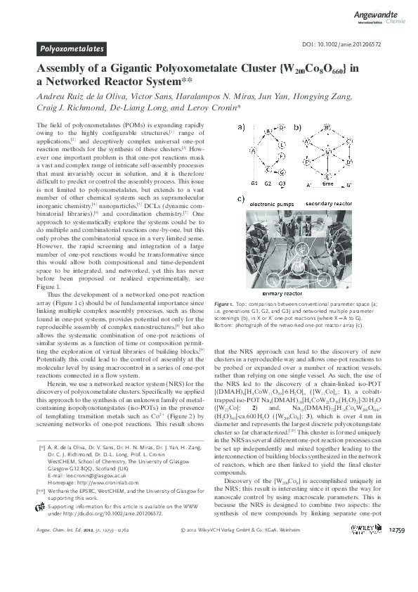 (PDF) Assembly of a Gigantic Polyoxometalate Cluster {W 200 Co 8 O 660 } in a Networked Reactor ...