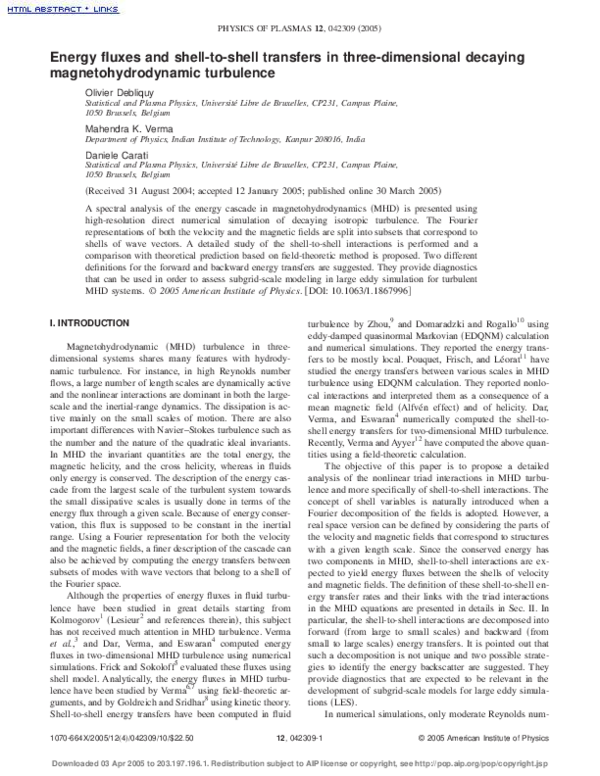 (PDF) Energy fluxes and shell-to-shell transfers in three-dimensional ...