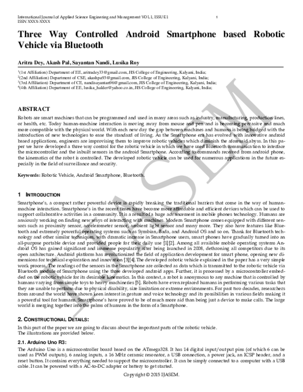 Pdf Three Way Controlled Android Smartphone Based Robotic Vehicle Via Bluetooth