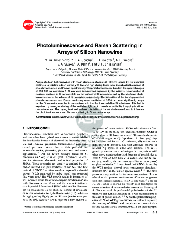 (PDF) Photoluminescence and Raman Scattering in Arrays of Silicon Nanowires