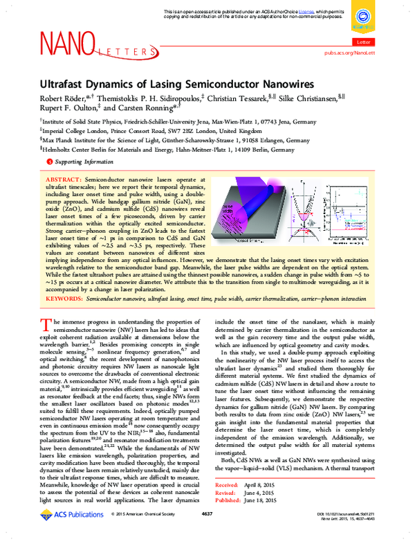 (PDF) Ultrafast Dynamics of Lasing Semiconductor Nanowires