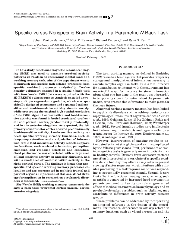(PDF) Specific versus Nonspecific Brain Activity in a Parametric N-Back ...