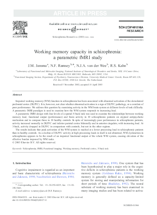 (PDF) Working memory capacity in schizophrenia: a parametric fMRI study