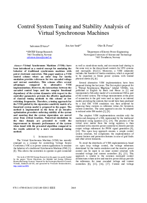 (PDF) Control system tuning and stability analysis of Virtual Synchronous Machines