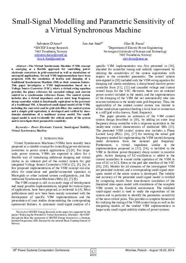 Pdf Small Signal Modelling And Parametric Sensitivity Of A Virtual Synchronous Machine