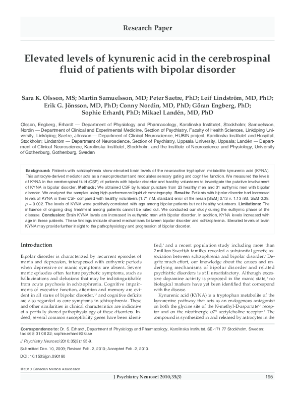 (PDF) Elevated levels of kynurenic acid in the cerebrospinal fluid of patients with bipolar ...