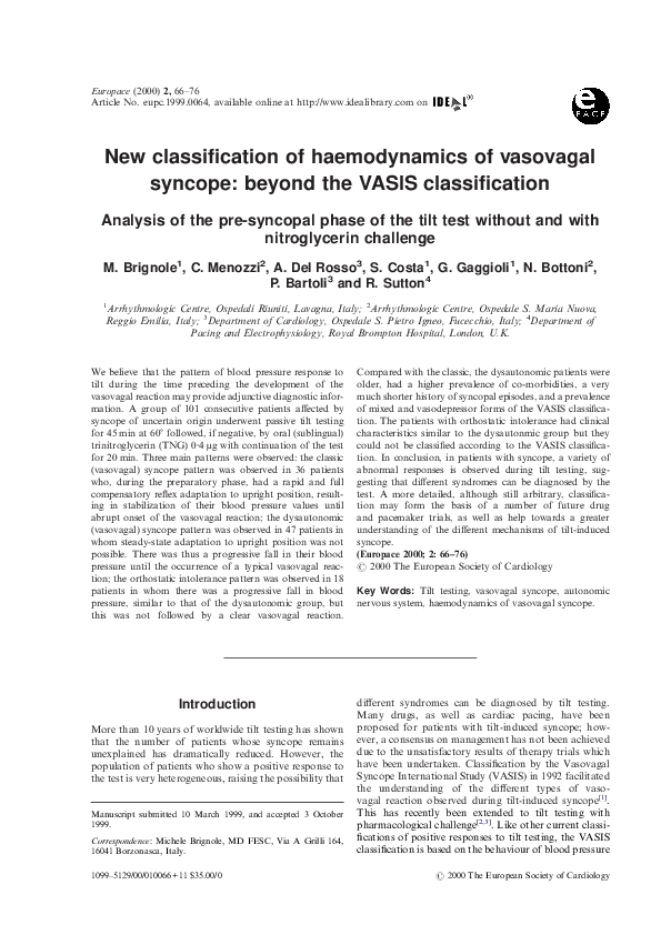 (PDF) New classification of haemodynamics of vasovagal syncope: beyond ...