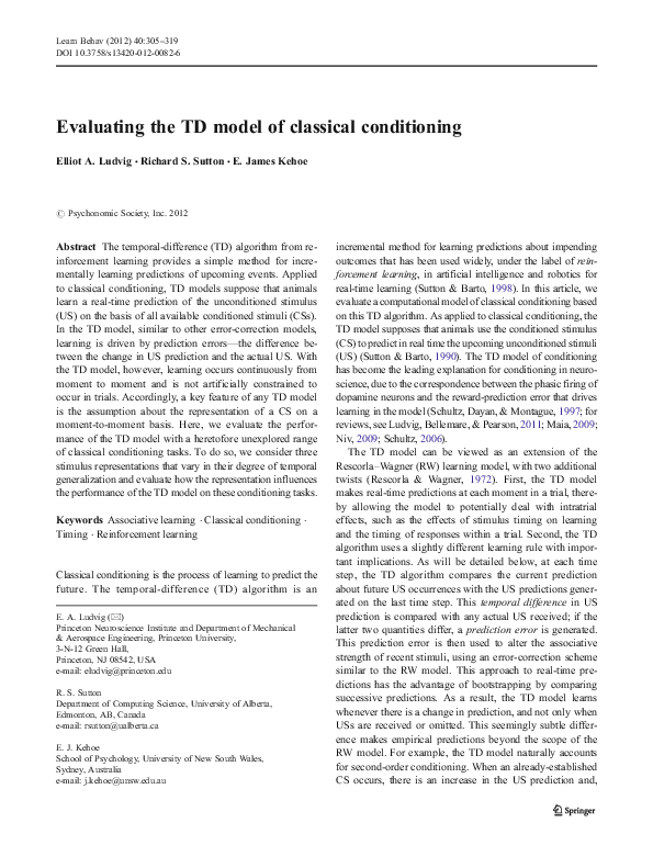 (PDF) Evaluating the TD model of classical conditioning